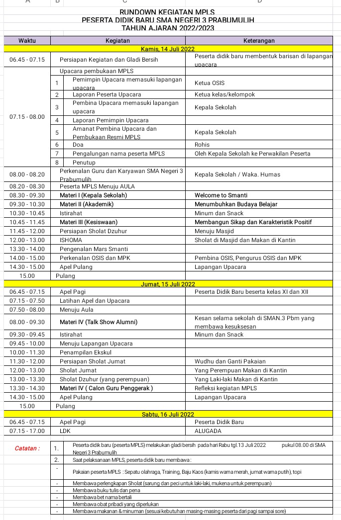 Roundown Kegiatan MPLS | SMA Negeri 3 Prabumulih